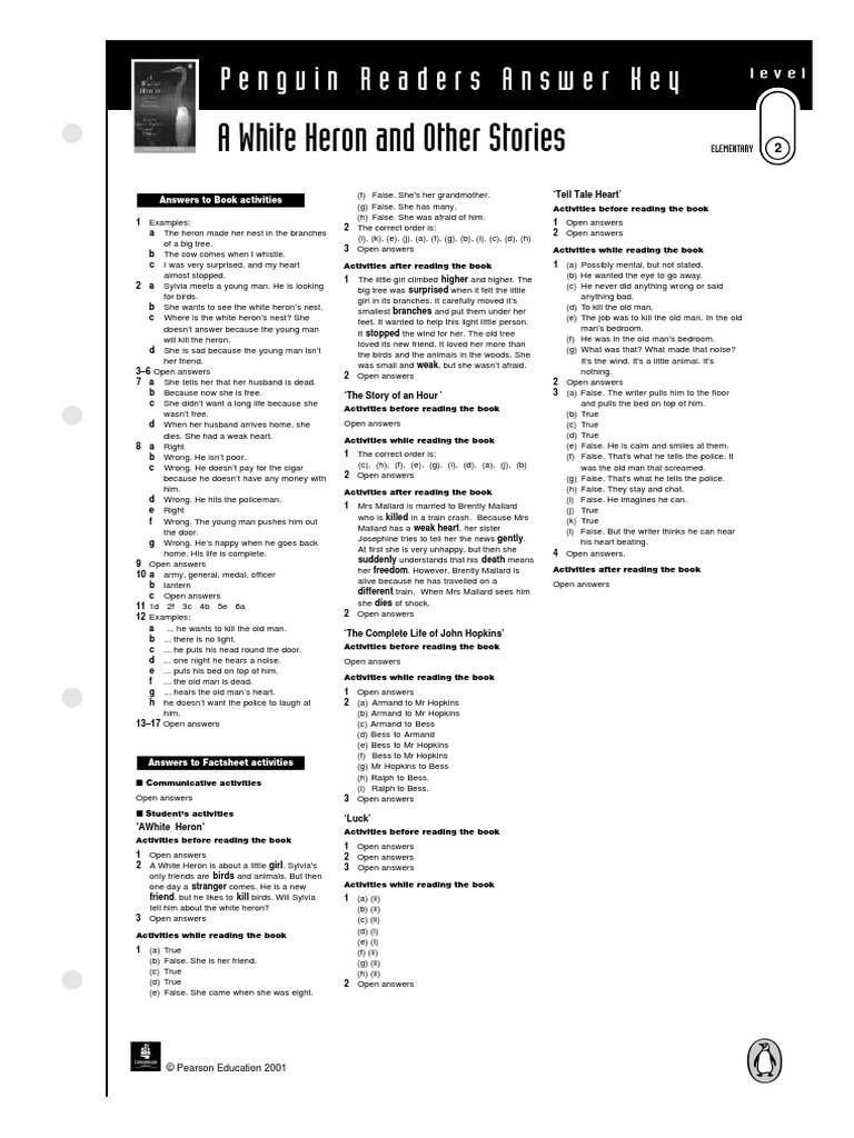 A White Heron and Other American Short Stories. Answer Key | PDF