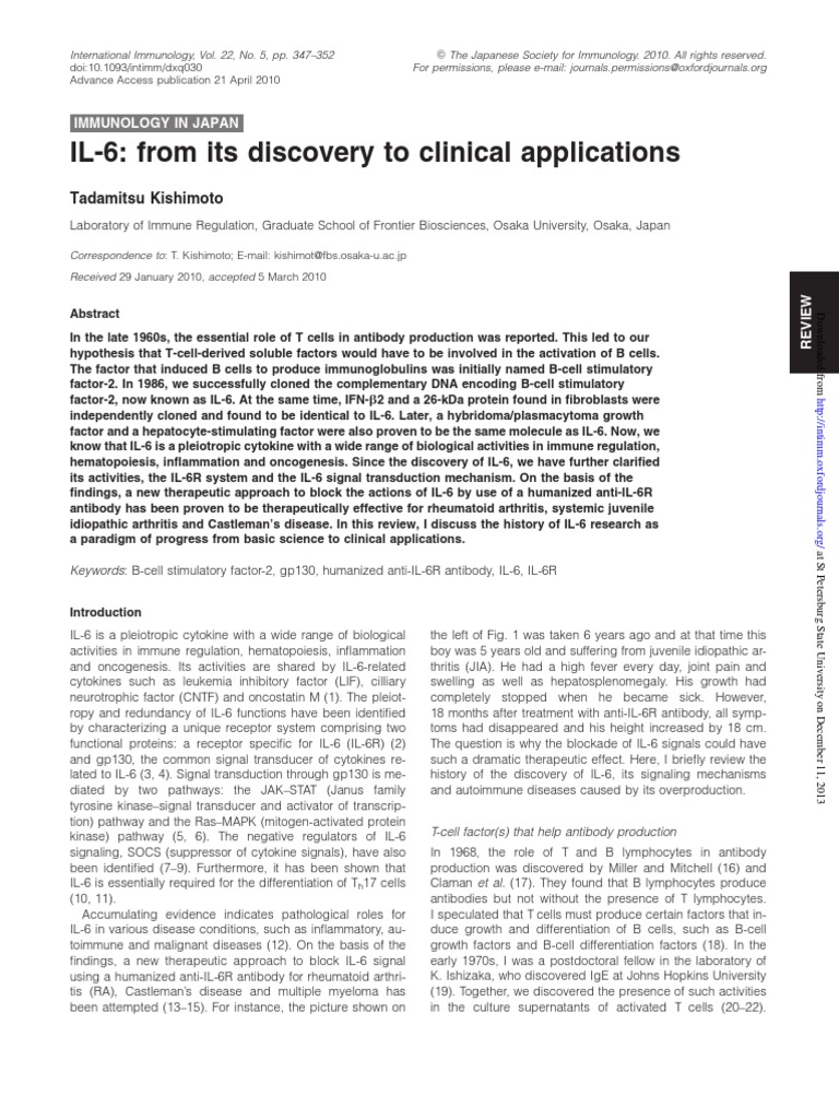 IL-6: From Its Discovery To Clinical Applications: Tadamitsu Kishimoto | PDF | Interleukin 6 ...