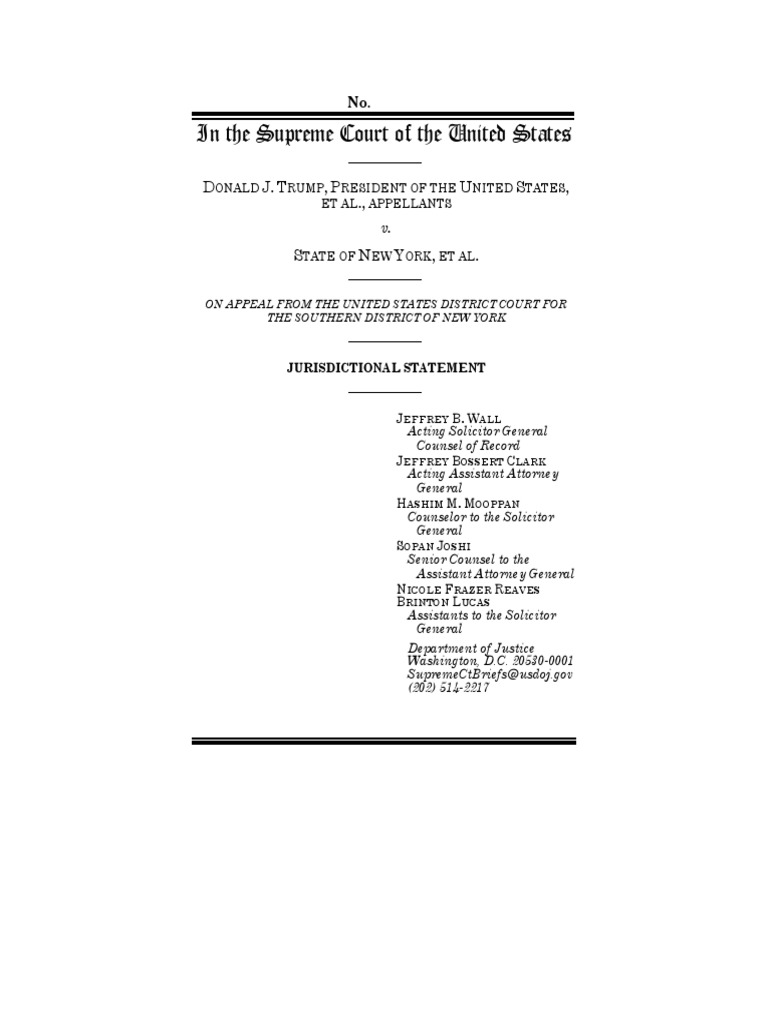 SCOTUS Brief Trump v. New York Jurisdictional Statement A | PDF | U.S ...