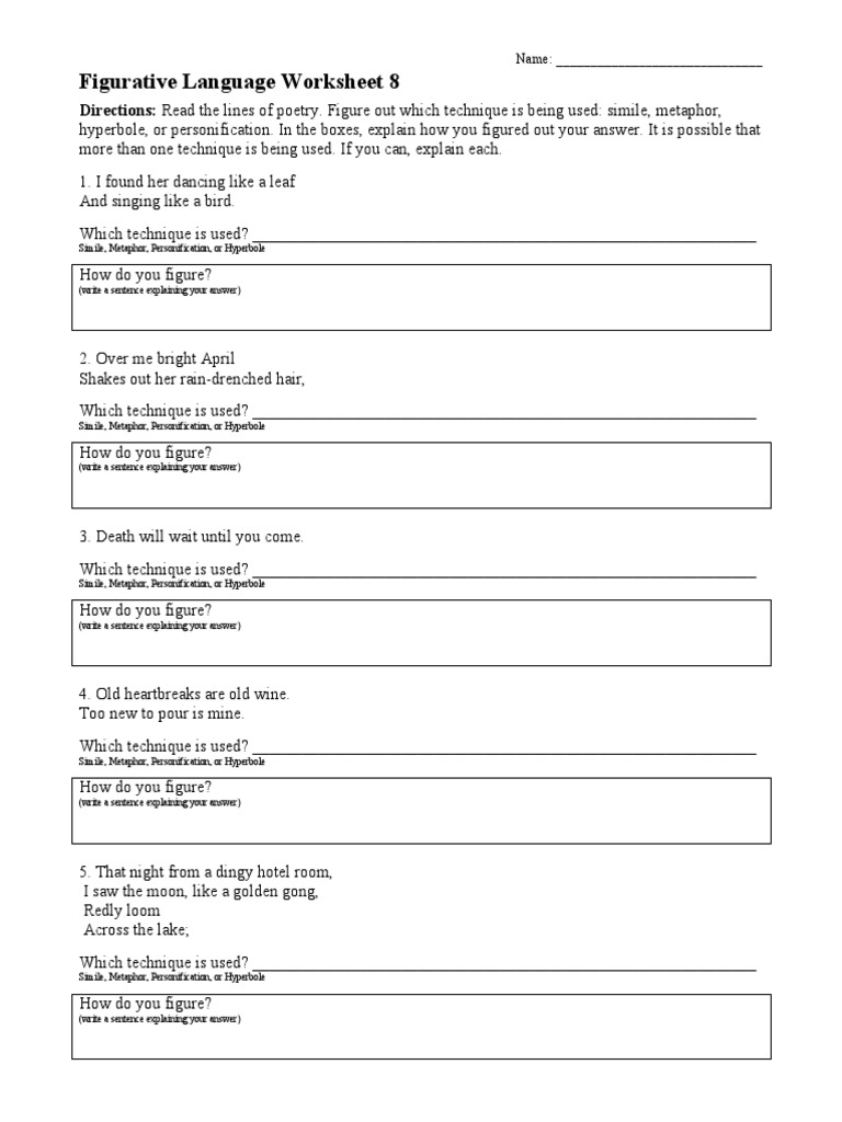 Figurative Language Worksheet 8 | PDF | Metaphor | Poetic Devices