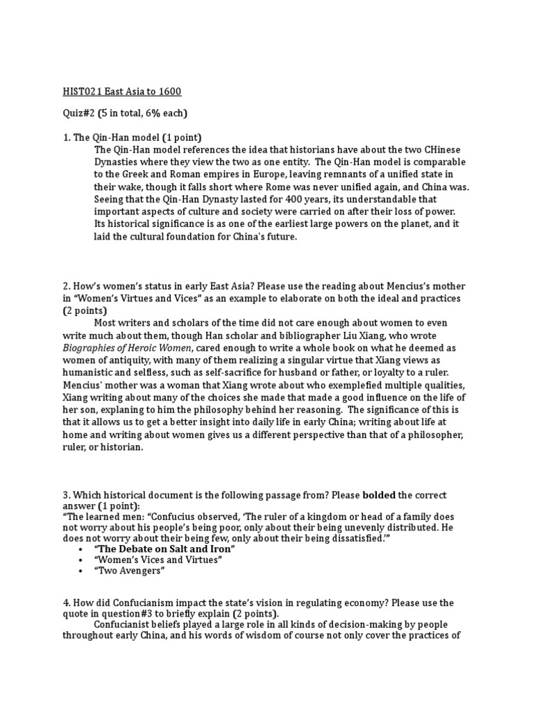 Quiz#2 (East Asia, Fall 2020) | PDF | Confucianism | East Asia