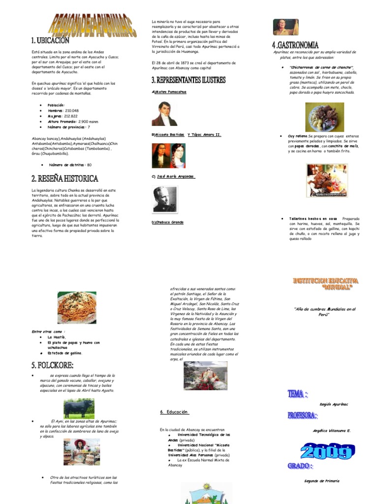 Triptico de Apurimac Luz Angelica Villanueva Escalante | PDF | Alimentos | Cocina