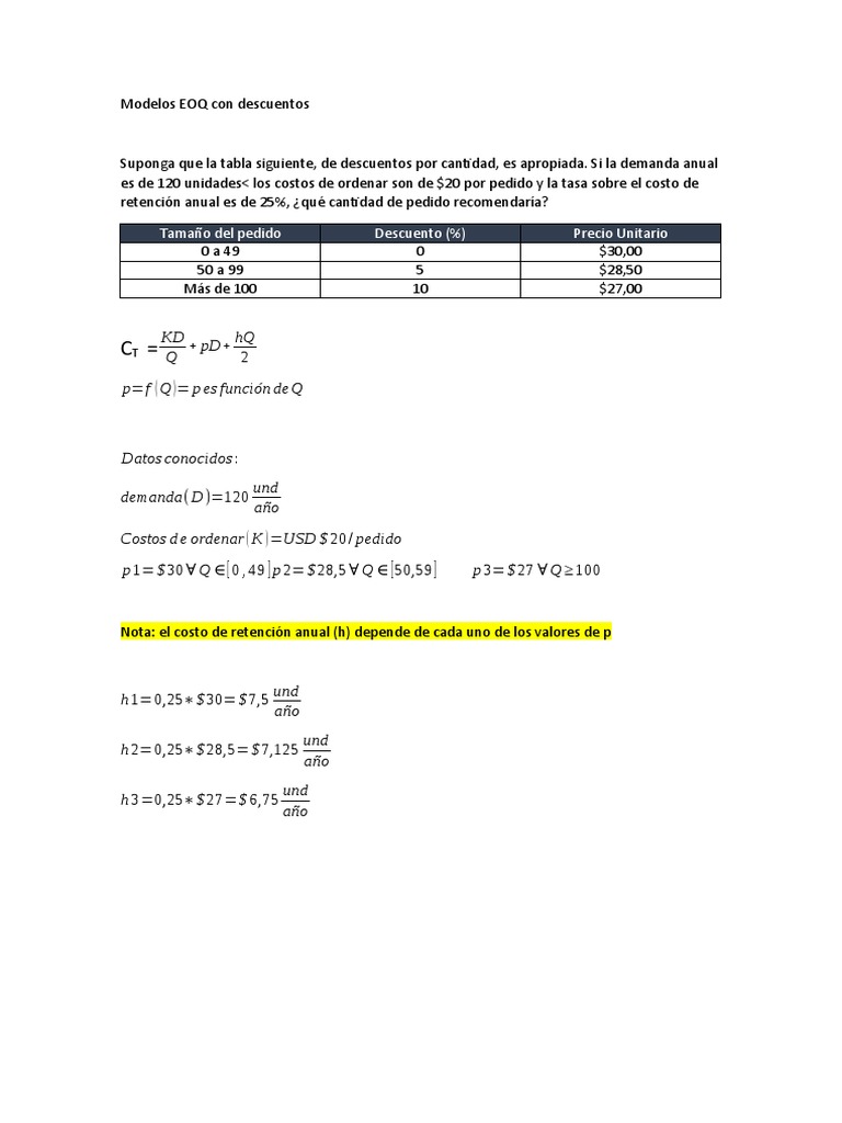 Modelos EOQ Con Descuentos (EJERCICIO 1) | PDF | Business | Enseñanza de matemática