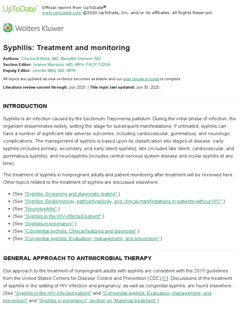 Syphilis - Treatment and Monitoring - UpToDate Junio 30 de 2020 | PDF ...