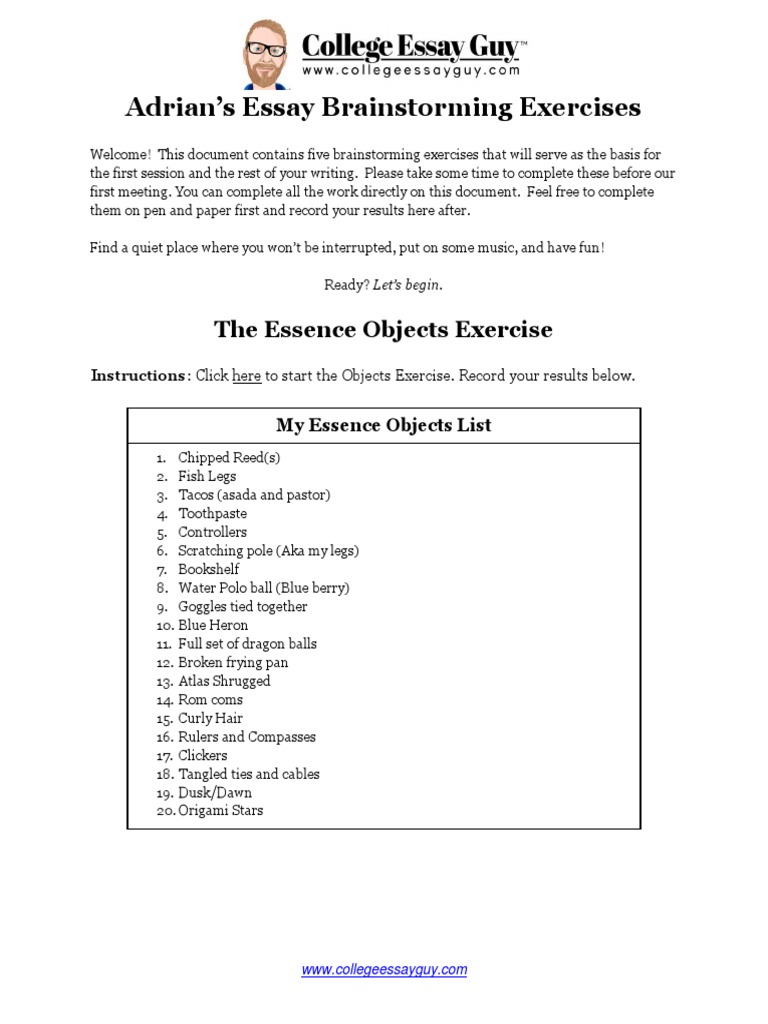 Adrian's Essay Brainstorming Exercises: The Essence Objects Exercise ...