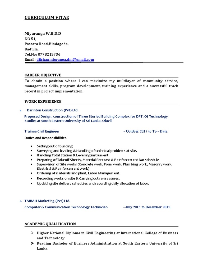 Curriculum Vitae: Miyuranga W.H.D.D | PDF | Diploma | Computing And Information Technology