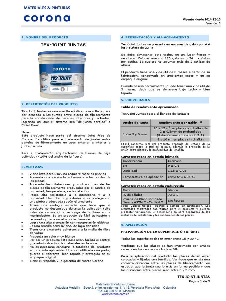 Tex Joint Juntas Ficha Tecnica | PDF | Lentes | Residuos