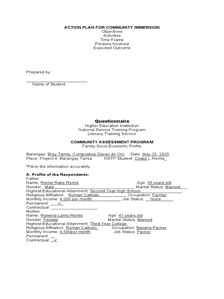 Action Plan For Community Immersion: Questionnaire | PDF | Behavior ...