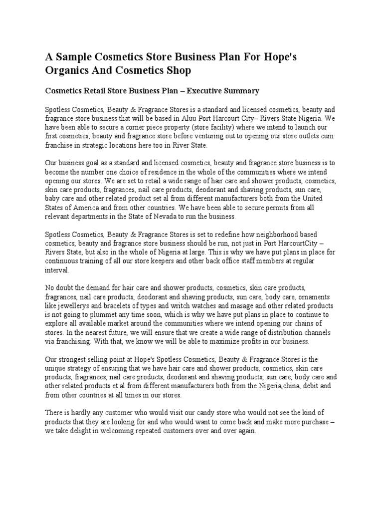 A Sample Cosmetics Store Business Plan For Hope's Organics and ...