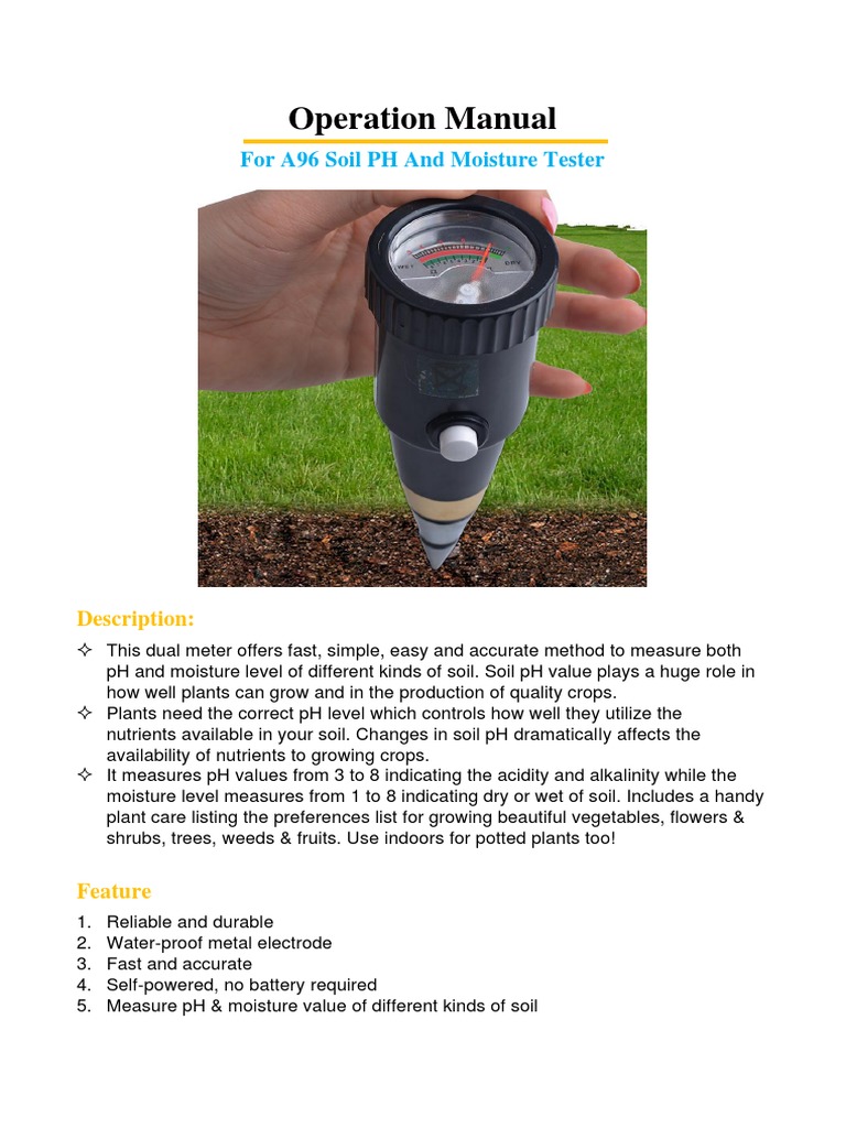 A96 Soil pH & Moisture Tester Manual | PDF | Ph | Topsoil