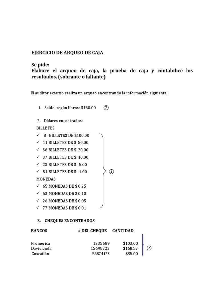 Ejercicio Sobre Arqueo de Caja | PDF | Tarjeta de débito | Cheque