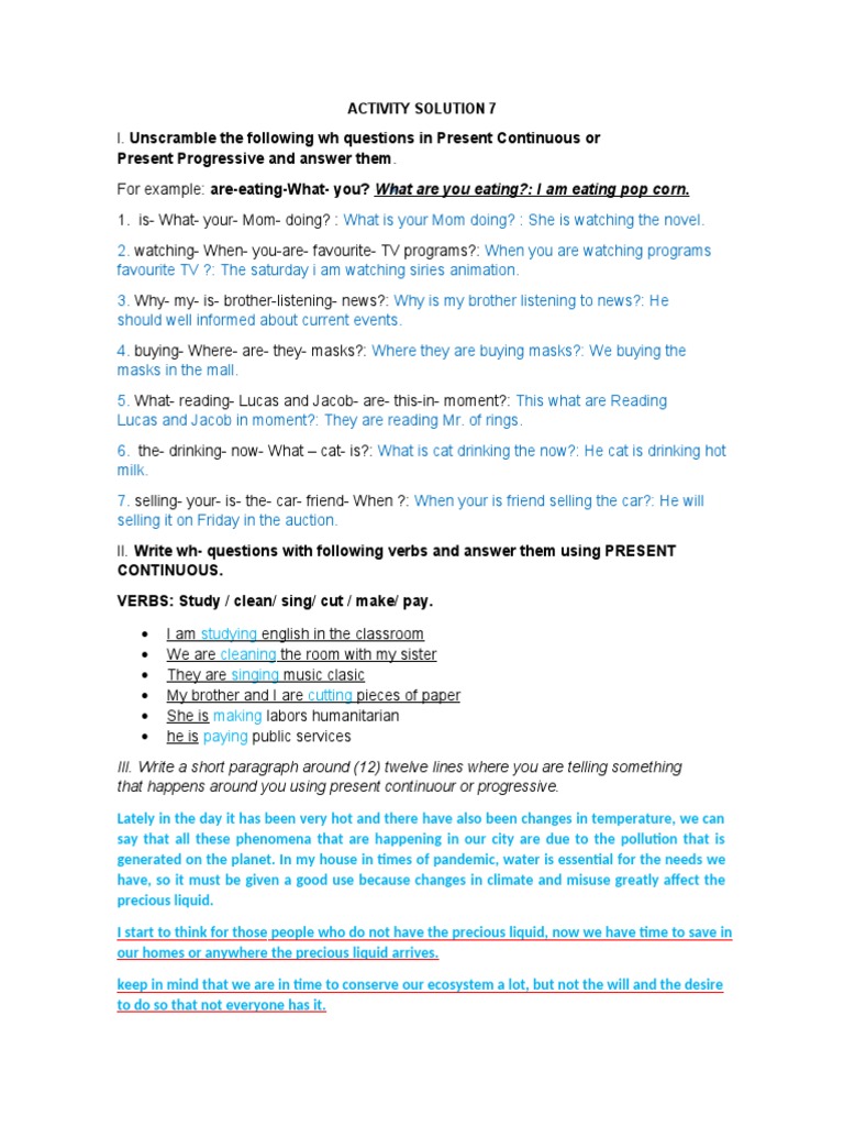 Unscramble The Following WH Questions in Present Continuous or Present ...