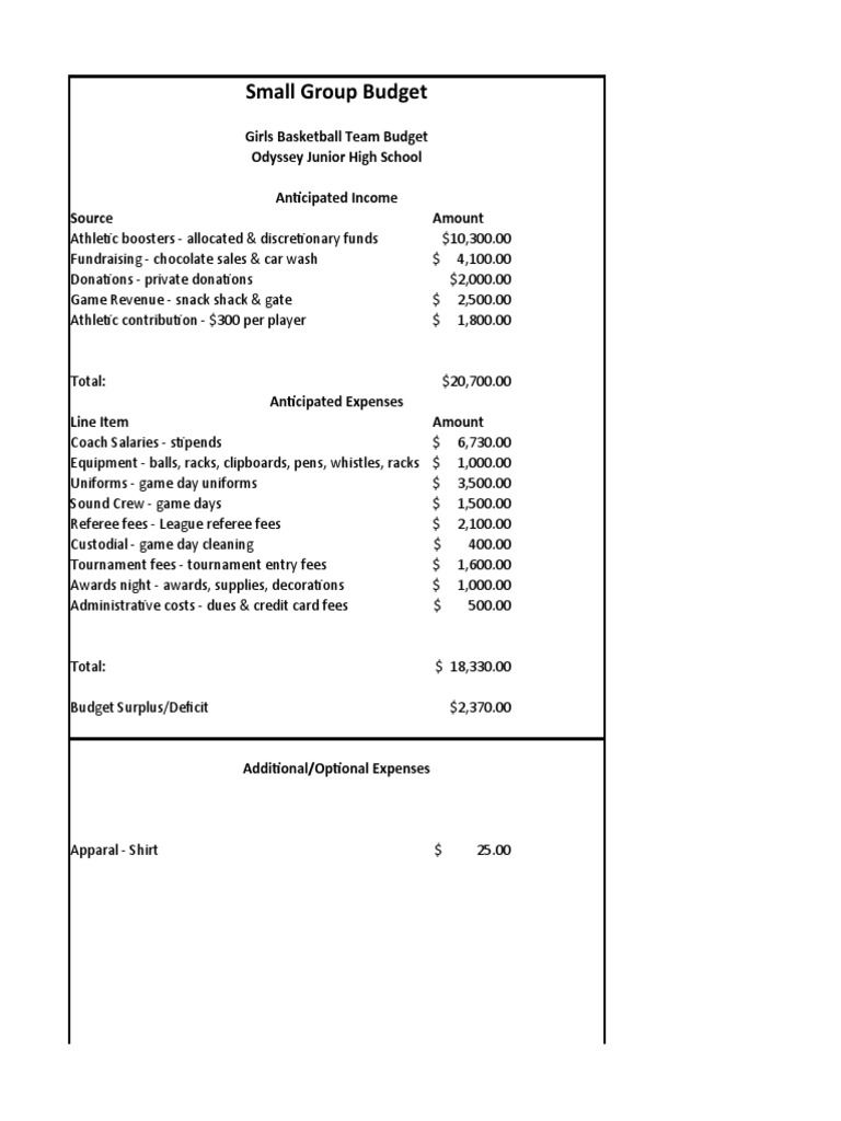 Girls Basketball Team Budget Overview | PDF