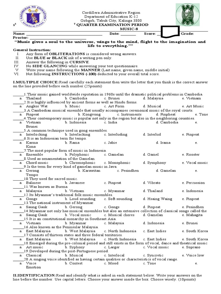 Music 8 1st Grading Exam | PDF | Musical Instruments | Vocal Music