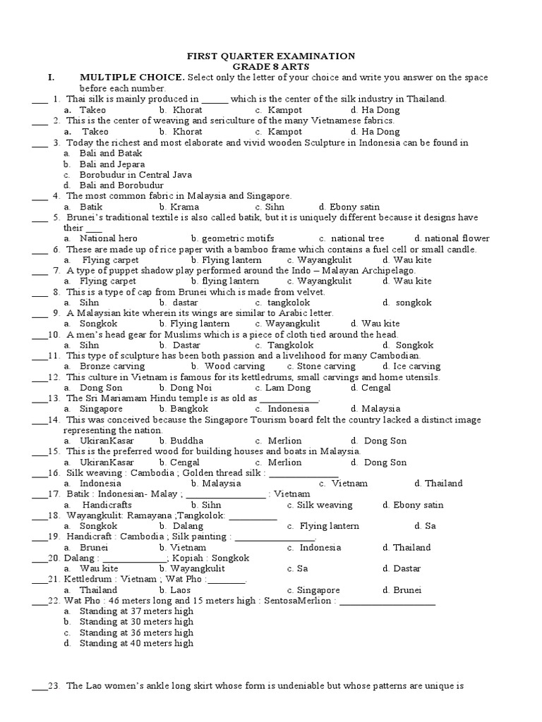 First Quarter Examination Grade 8 Arts I. MULTIPLE CHOICE. Select Only ...