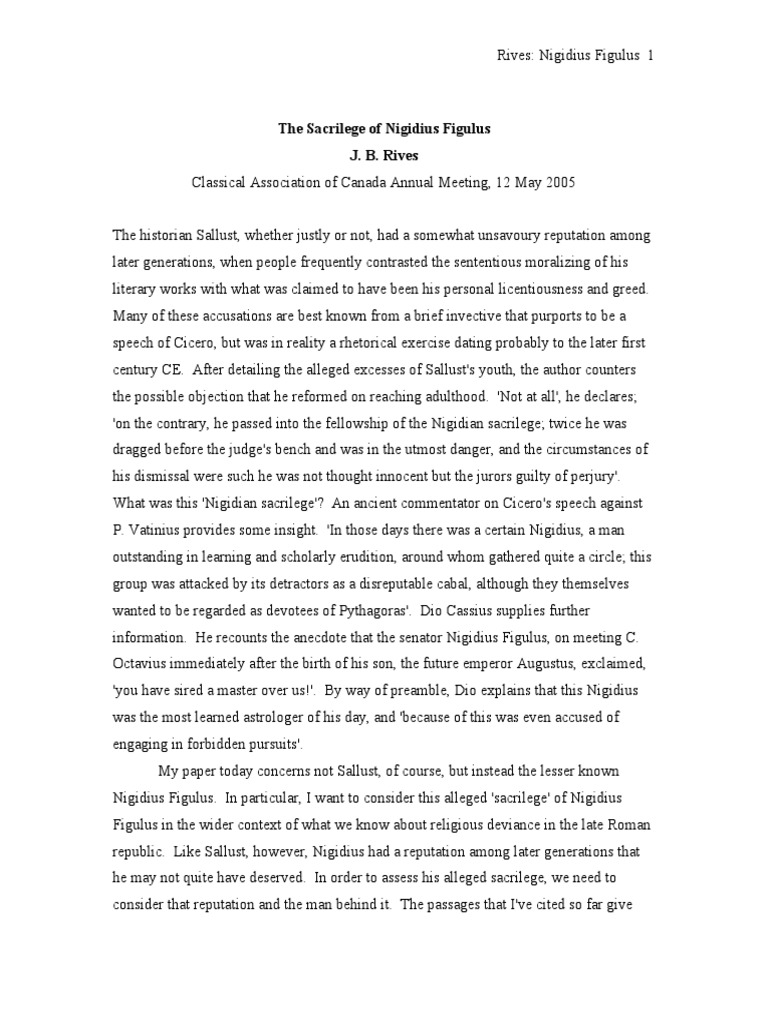 The Sacrilege of Nigidius Figulus J. B. Rives | PDF | Religion And Belief