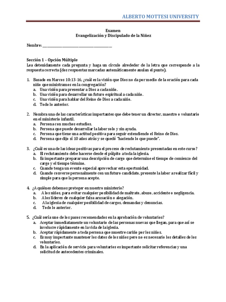 Examen-Evangelización y Discipulado de La Niñez - Rev LL (Rev NR) | PDF | Biblia | Oración