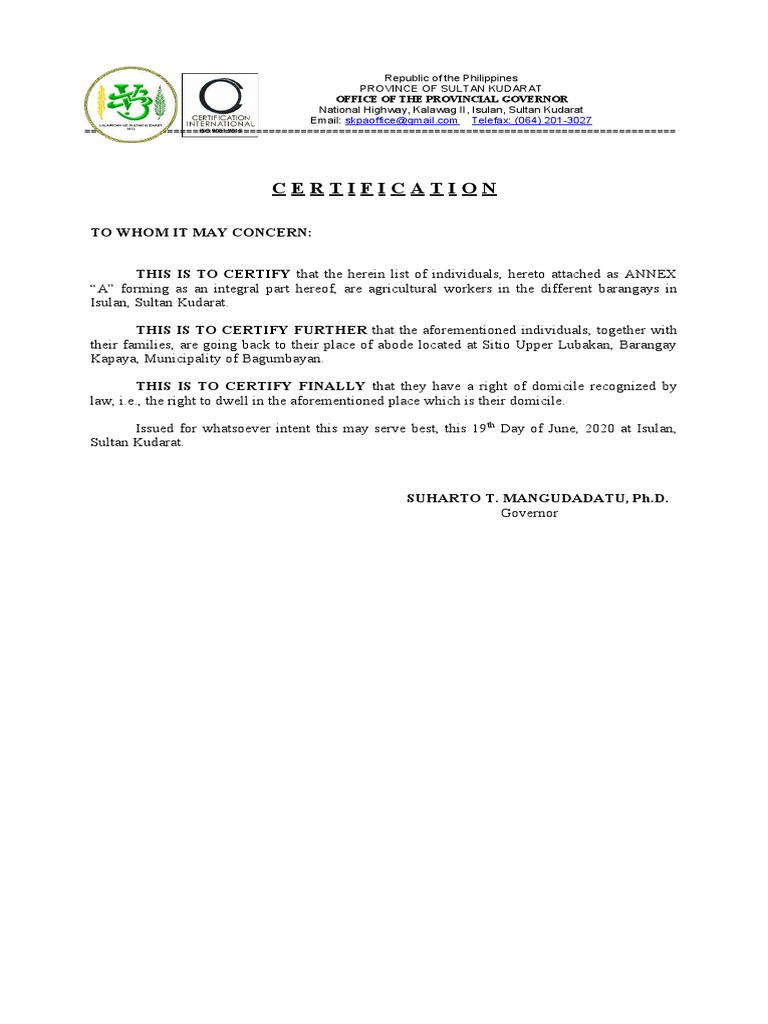 Certification: Office of The Provincial Governor | PDF