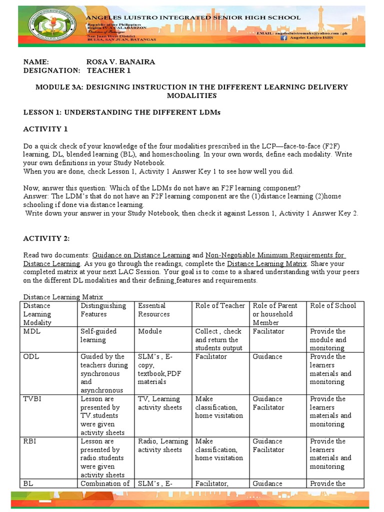 MODULE 3A - DESIGNING INSTRUCTION IN THE DIFFERENT LEARNING DELIVERY ...