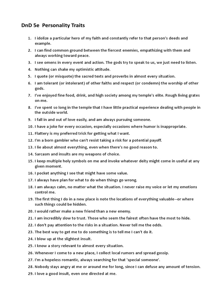 DND 5E Personality Traits | PDF