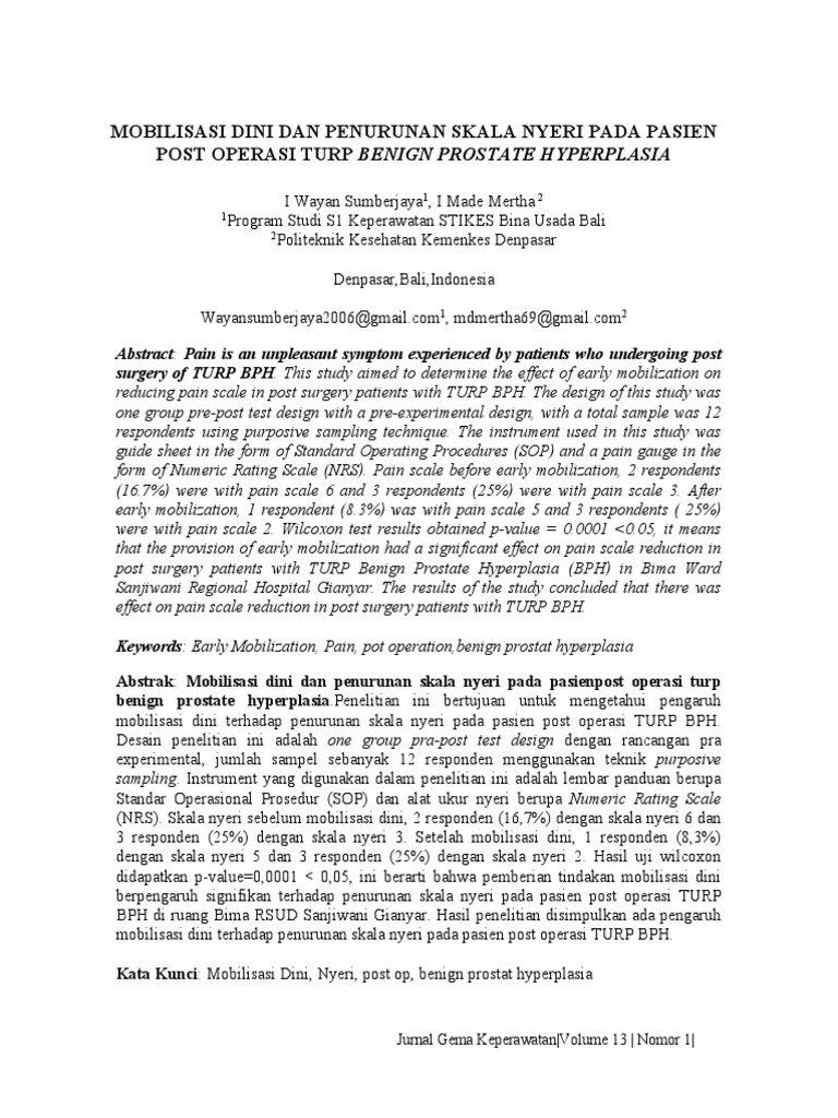 Mobilisasi Dini Dan Penurunan Skala Nyeri Pada Pasien Post Operasi Turp ...