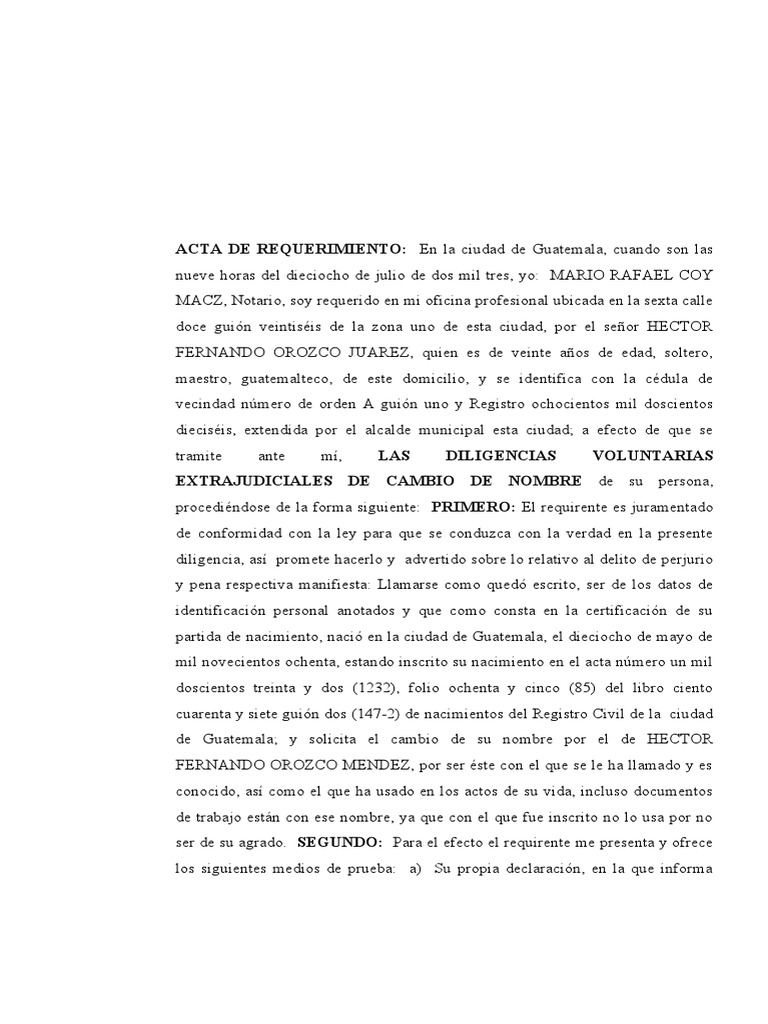 B Acta De Requerimiento De Diligencias De Cambio De Nombre Pdf