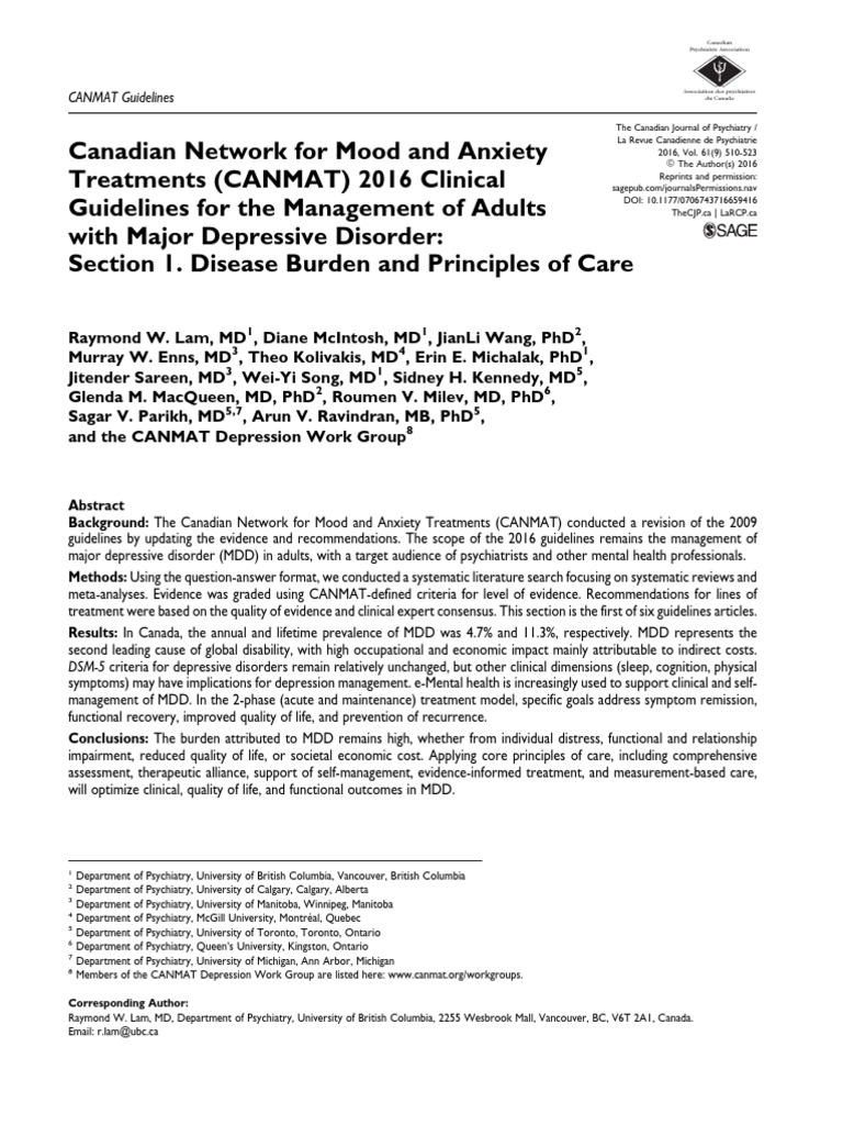 2 Canadian Network For Mood and Anxiety Treatments CANMAT 2016 Clinical ...