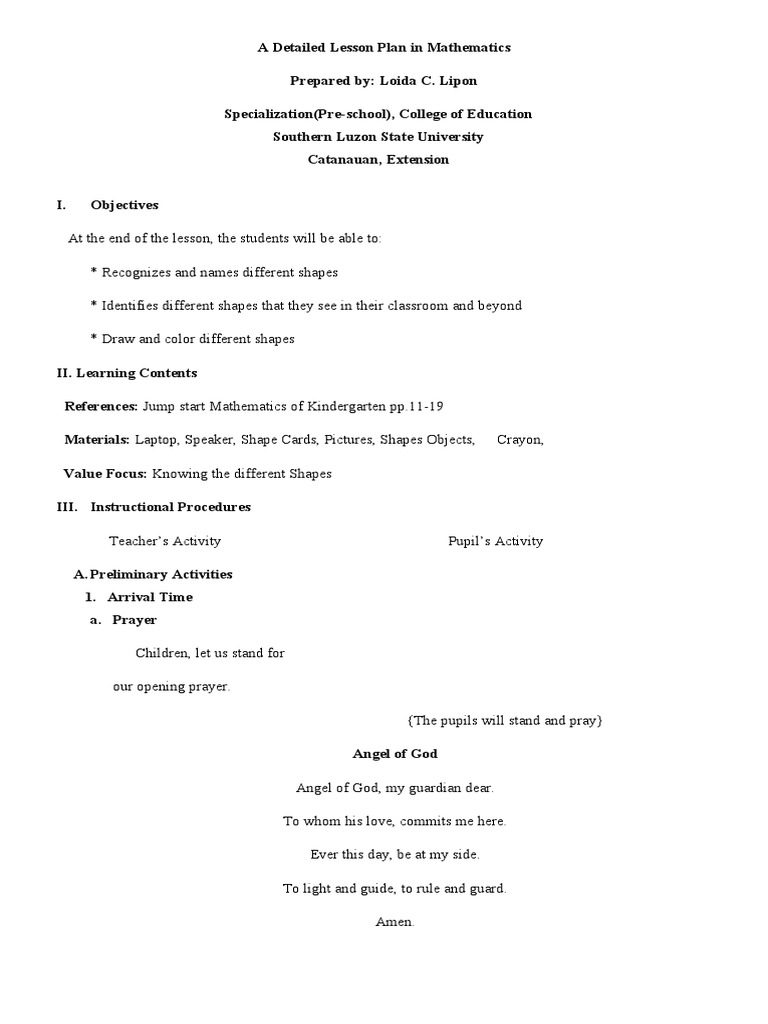 A Detailed Lesson Plan in Kindergarten Mathematics | PDF | Lesson Plan ...