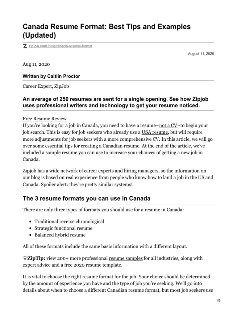 Canada Resume Format Best Tips and Examples Updated | Download Free PDF ...