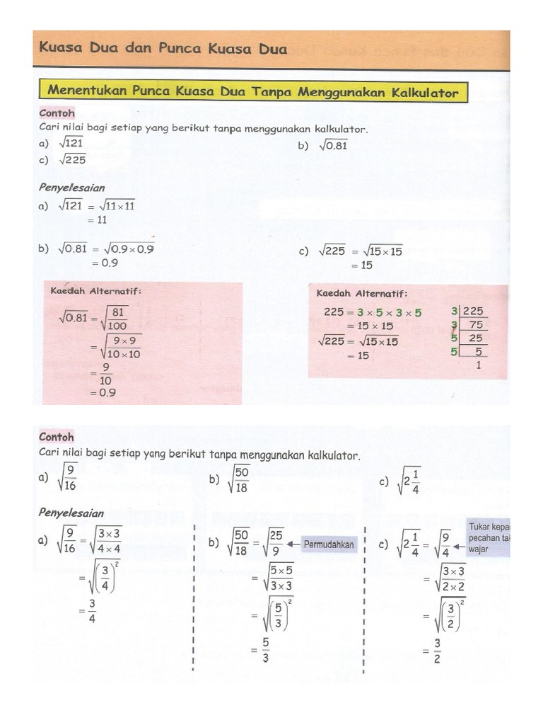 Kuasa Dua Dan Punca Kuasa Dua Tanpa Menggunakan Kalkulator | PDF
