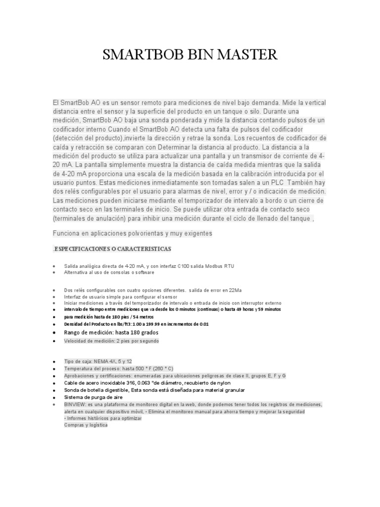 Smartbob Bin Master | PDF | Medición | Tanques