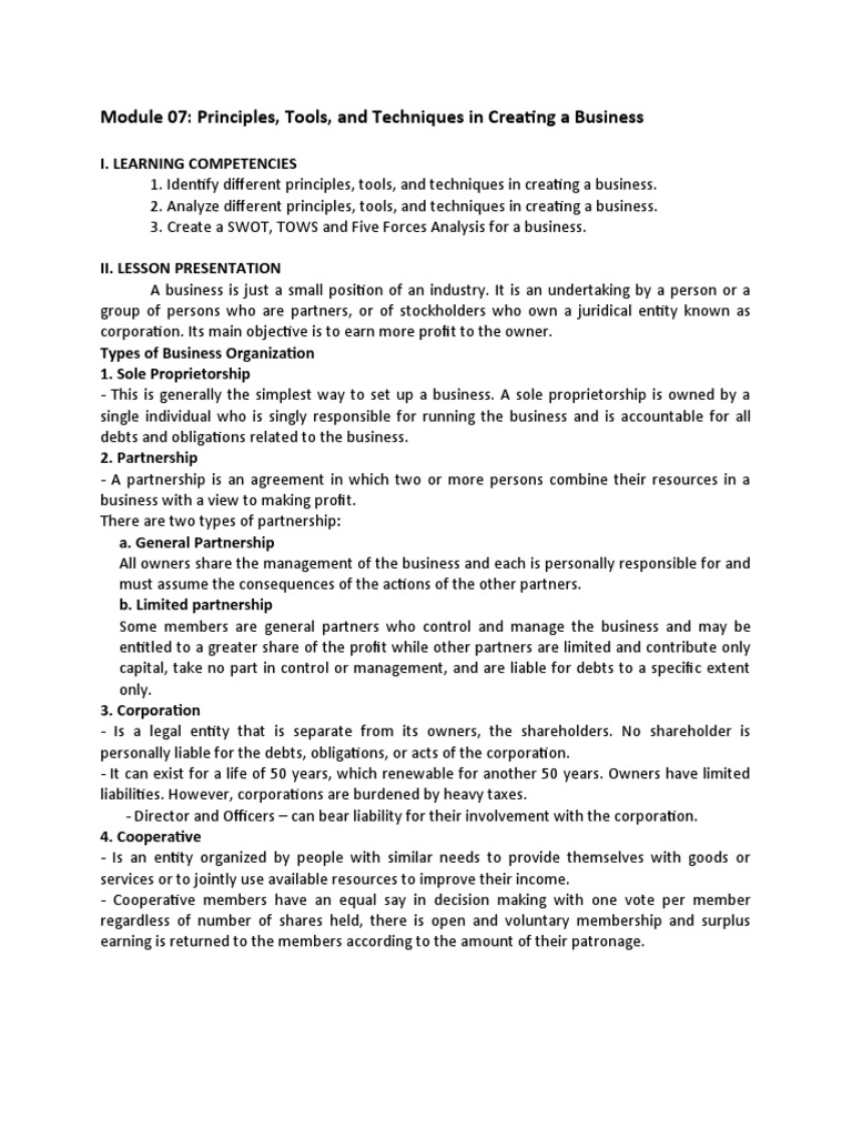 Module 07: Principles, Tools, and Techniques in Creating A Business | Download Free PDF | Swot ...