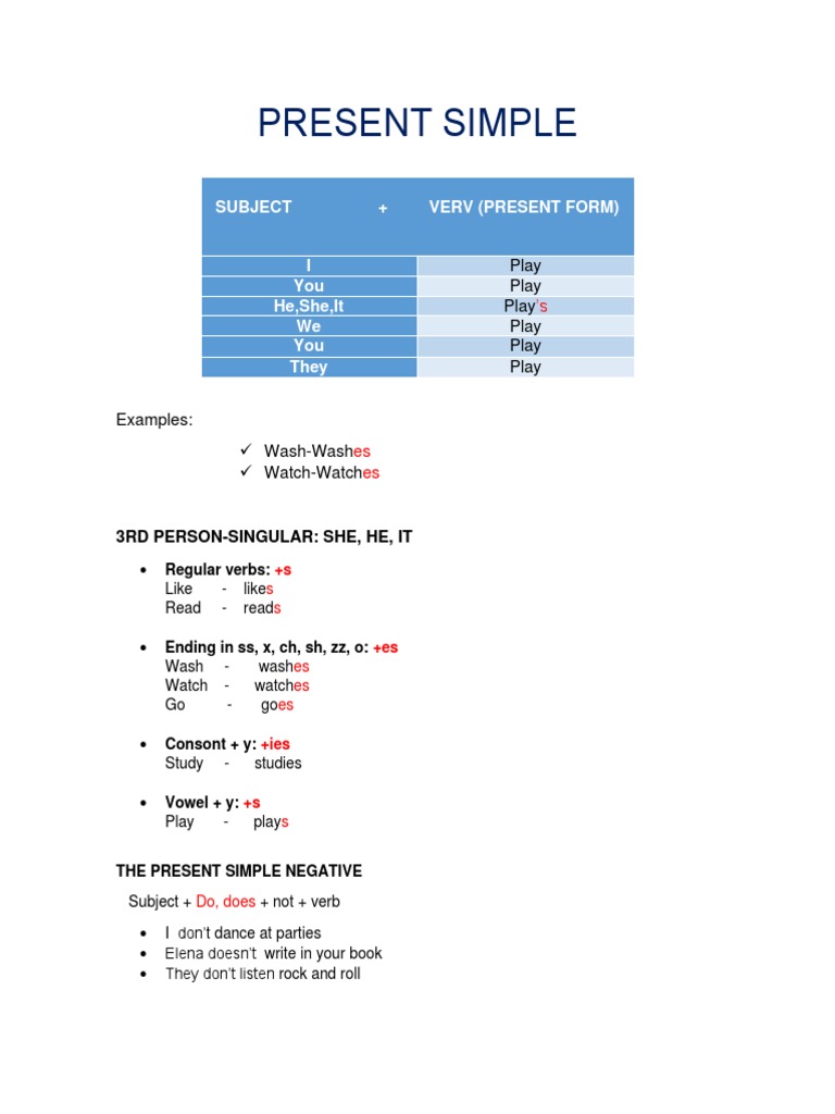 Present Simple: Subject + Verv (Present Form) | PDF | Grammatical Tense ...