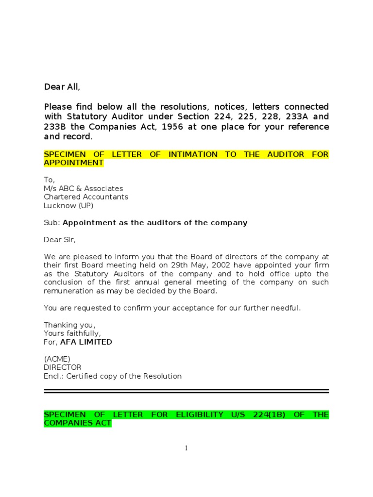 Auditor Appointment and Intimation Letters | PDF | Board Of Directors ...