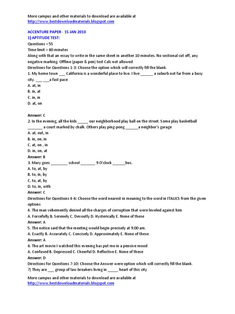 Accenture Paper - 15 Jan 2010 1) Aptitude Test:: Answer: C | PDF ...