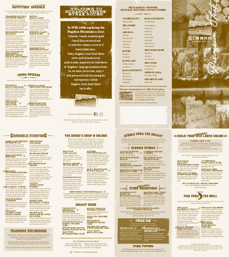 Bugaboo Creek Dinner Takeout Menu | PDF | Potato Chip | Salad