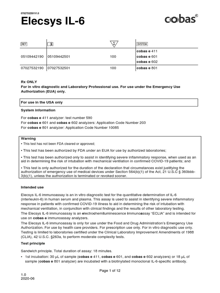 Elecsys IL-6: Cobas e 411 Cobas e 601 Cobas e 602 Cobas e 801 | PDF | Detection Limit | Receiver ...
