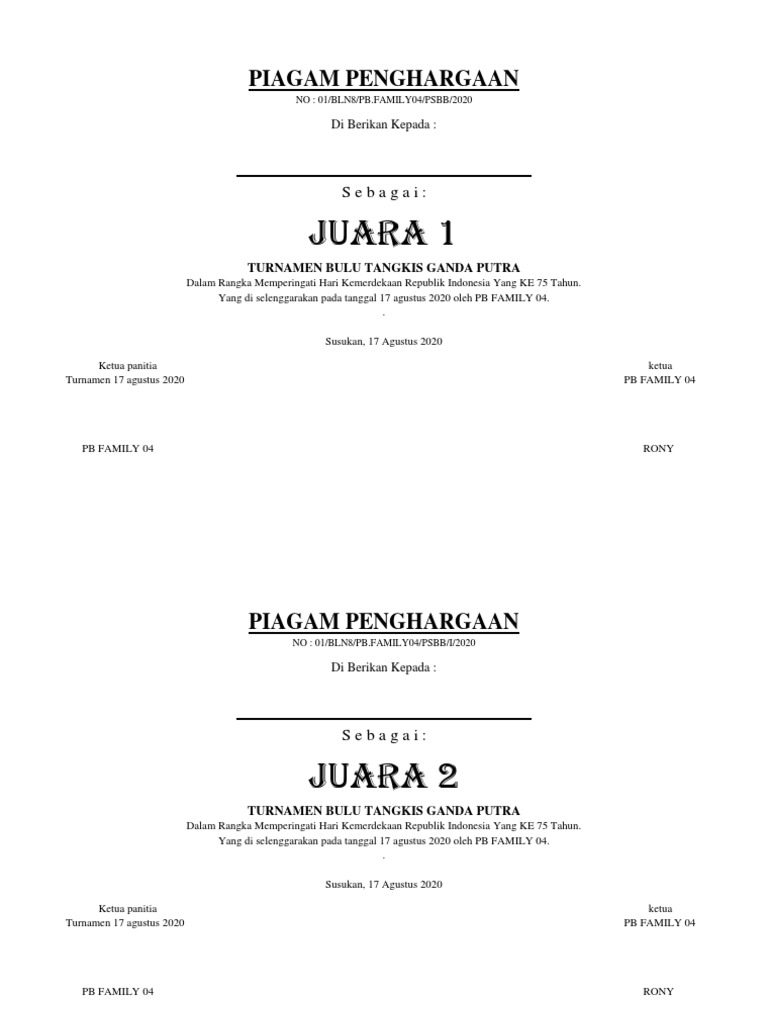 Piagam Penghargaan Turnamen Badminton | PDF