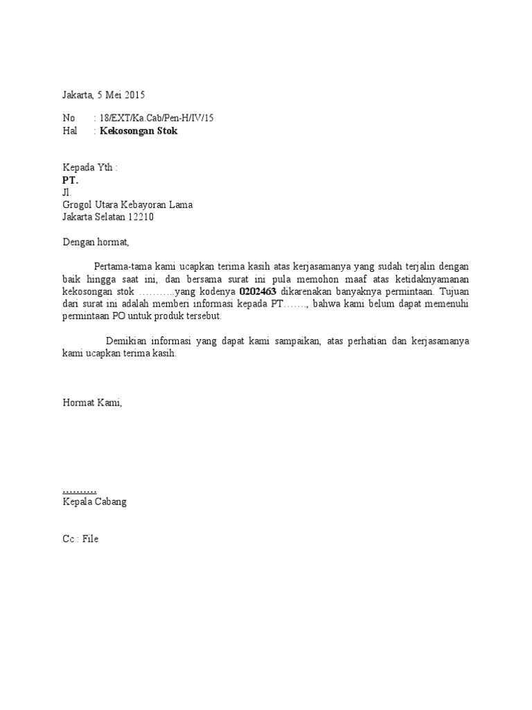 Contoh Surat Kosong Barang | PDF