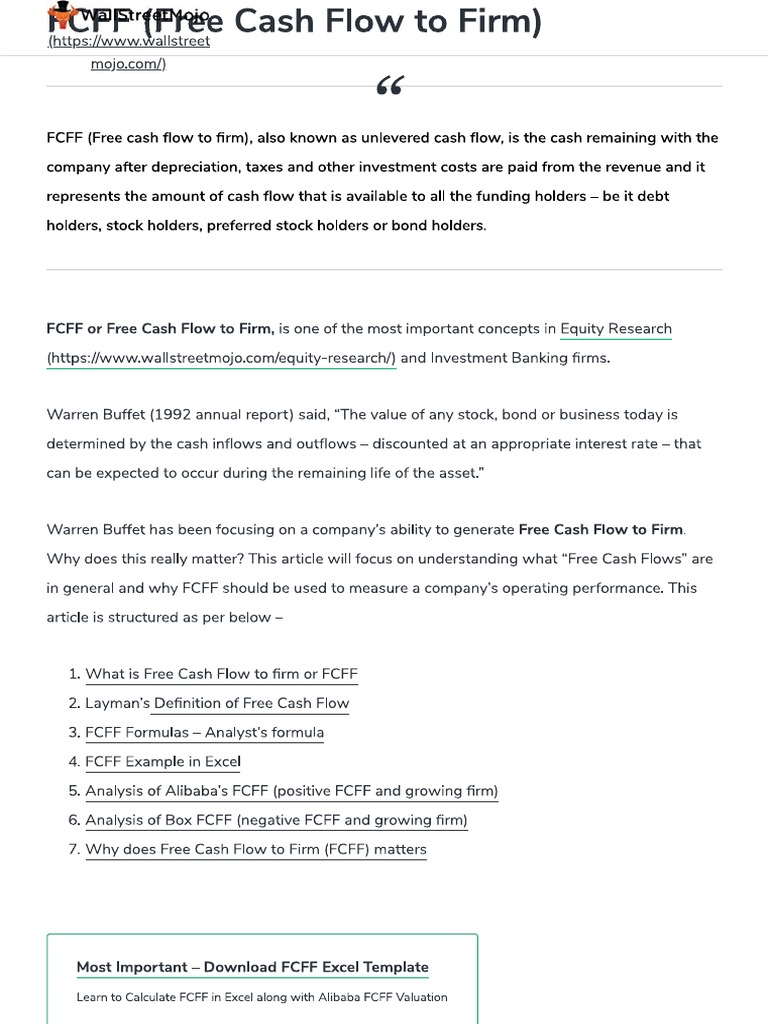 FCFF - Calculate Free Cash Flow To Firm (Formulas, Examples) | PDF