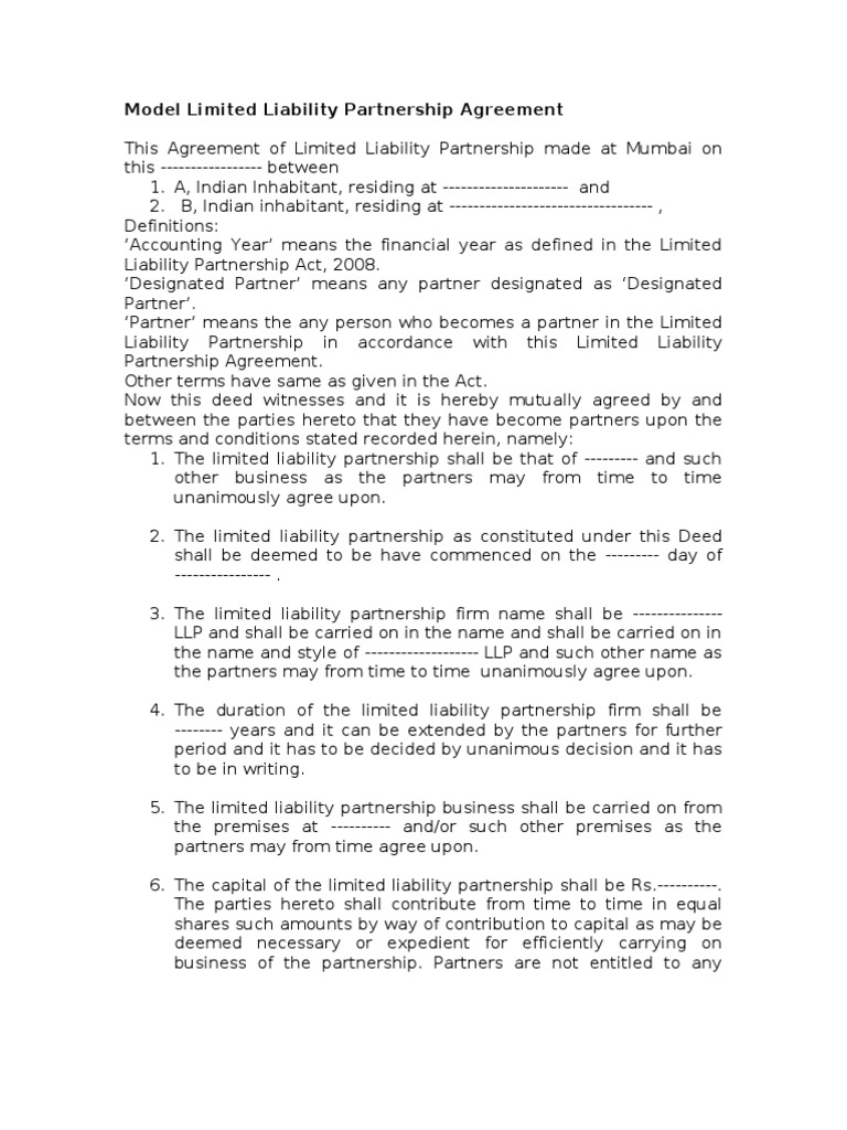 Model Limited Liability Partnership Agreement | PDF | Limited Liability ...