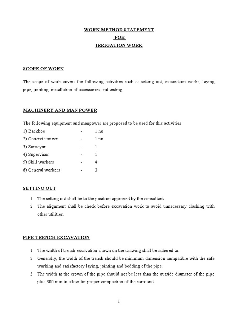 Work Method Statement FOR Irrigation Work | PDF | Pipe (Fluid ...