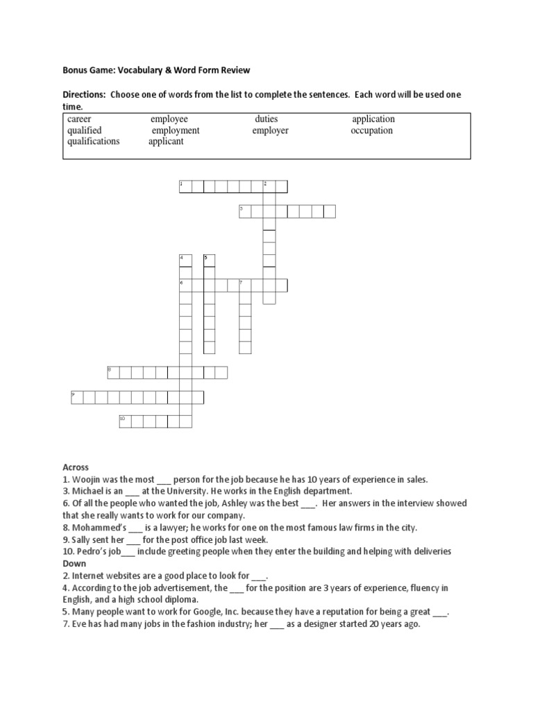 U1 Bonus Game Vocabulary and Word Form Review | PDF