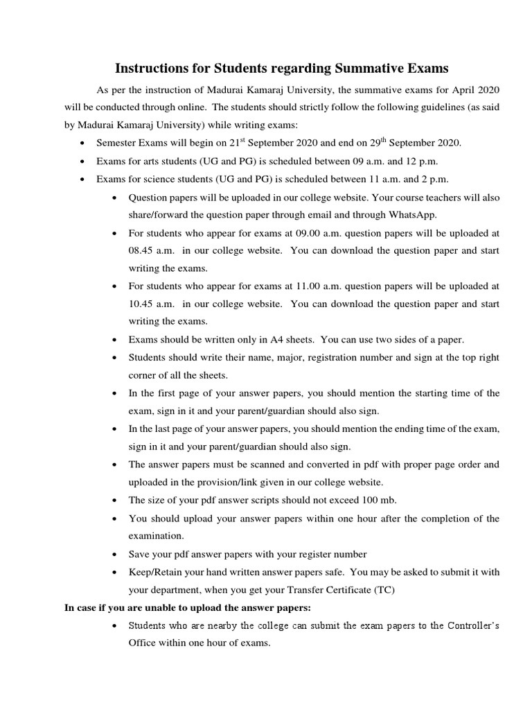 Instructions For Students Regarding Summative Exams: in Case If You Are ...