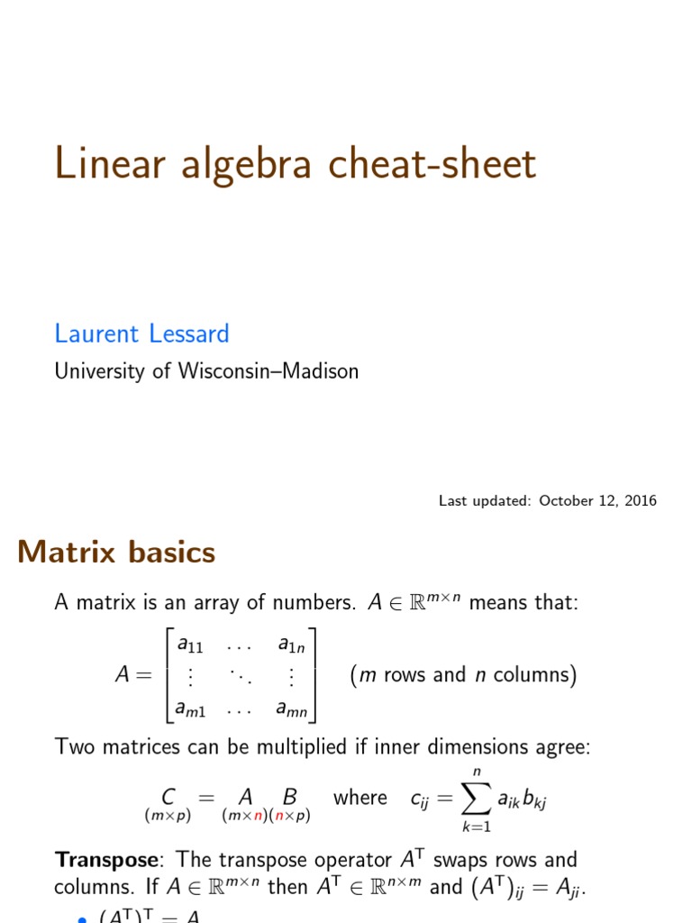 Linear Algebra Cheat-Sheet: Laurent Lessard | Download Free PDF ...