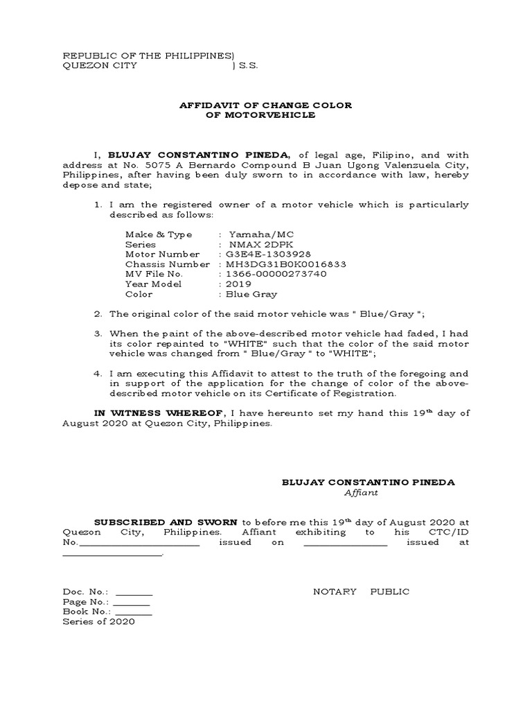 Affidavit of Change Color for Motorcycle | PDF | Affidavit | Evidence