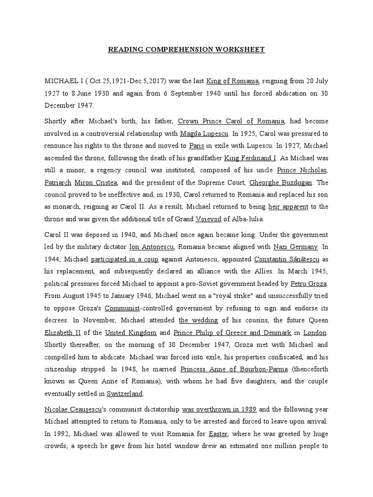 Reading Comprehension Worksheet | PDF | Monarchy | Romania