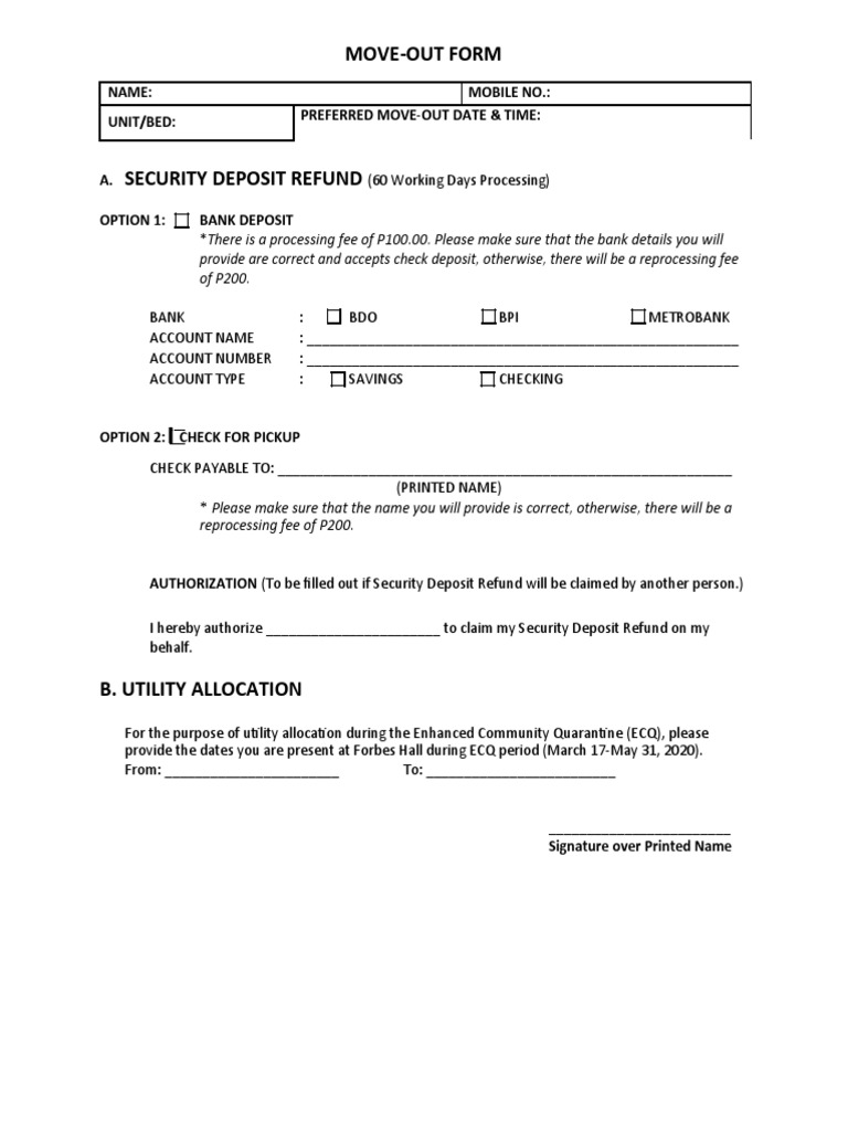 Move-Out Form: Provide Are Correct and Accepts Check Deposit, Otherwise ...
