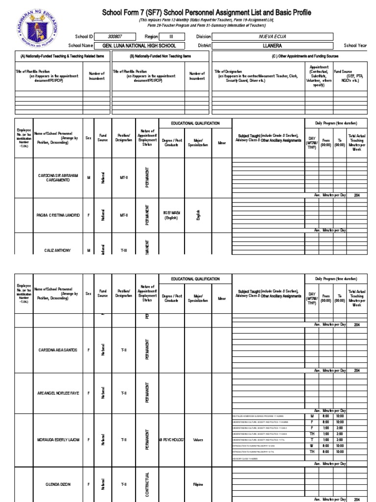 School Form 7 (SF7) School Personnel Assignment List and Basic Profile ...