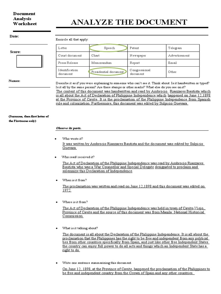 Document Analysis Worksheet Document | PDF | Philippines